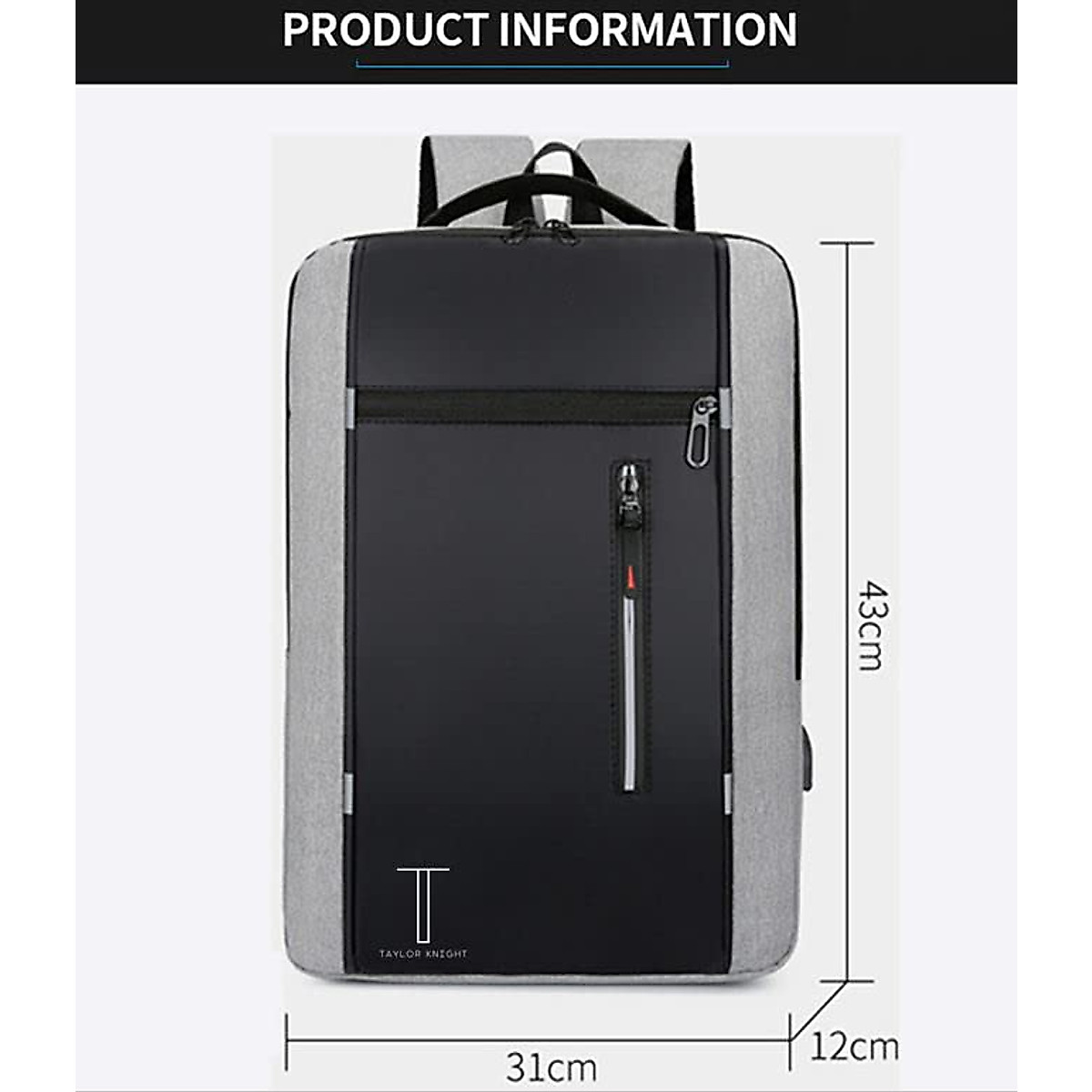 Taylor Knight Travel Laptop Backpack with USB Charging, Perfect for Business, School, College & Travel. Notebook Bag is suitable for Men and women, Great Gift for Laptop up to 15.6" (Grey)