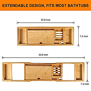 Bamboo Bathtub Caddy Tray, Expandable Bath Tray Table for Tub with Wine Glass Slot Book Phone Tablet Holder, Adjustable Bathroom Bathtub Organizer for Relaxing Bath Gift Idea
