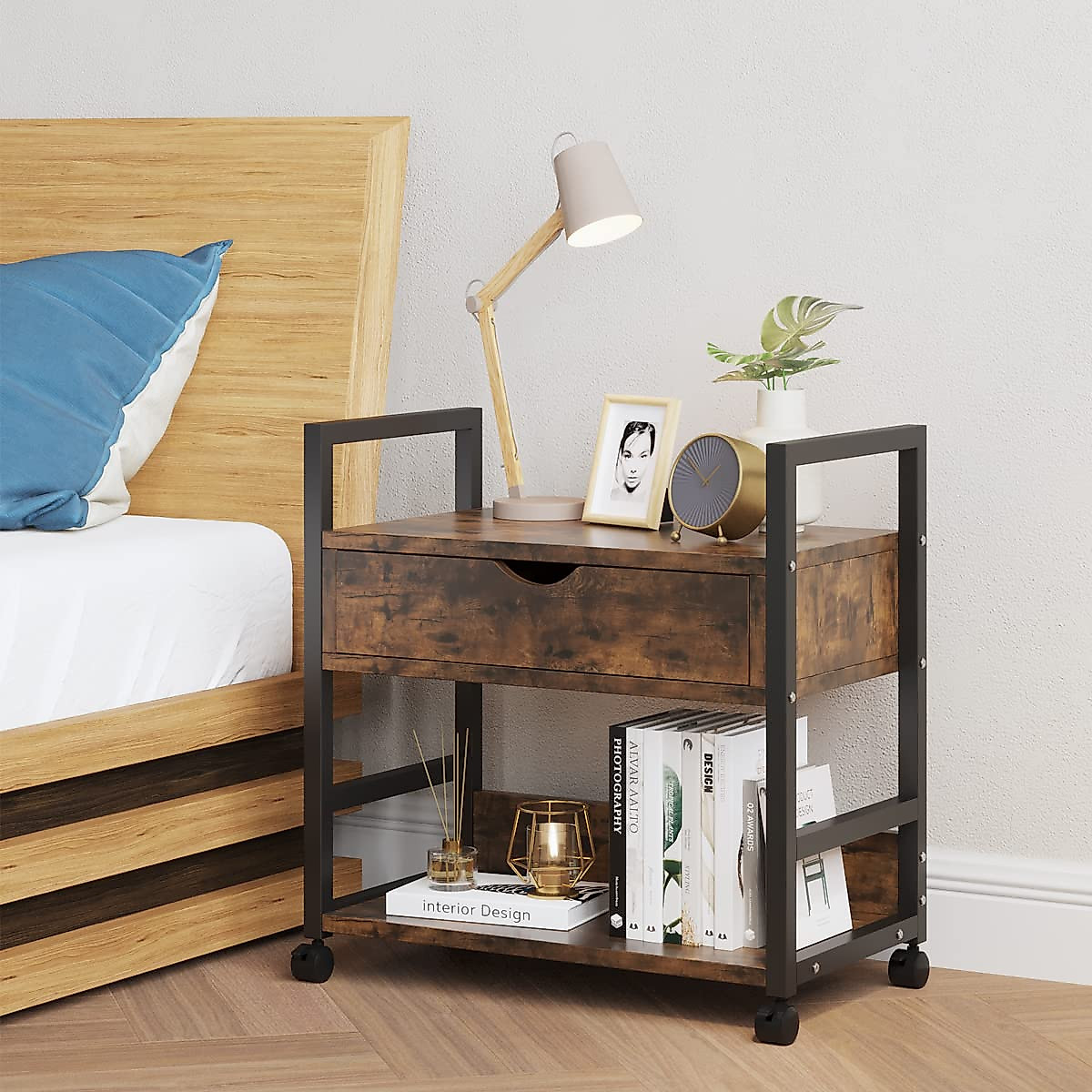 TigerDad Mobile Printer Stand with Storage Drawer, Utility Carts with Wheels, File Cabinet Workspace Desk Organizer Shelf for Home Office