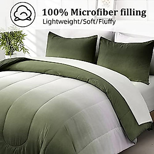 7 Pieces Gradient Olive Green Comforter Set Queen - Lightweight Green Bed in a Bag Queen Size Set, All Season Down Alternative Complete Bedding Set with Flat/Fitted Sheet, Pillowcases and Pillow Shams