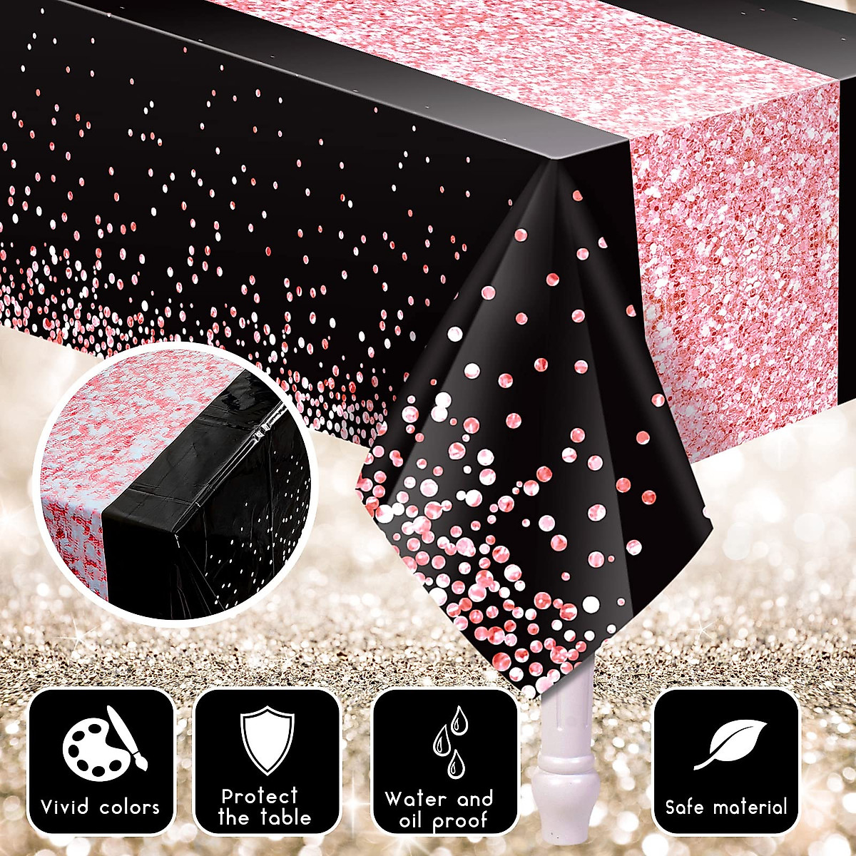 3 Pcs Black Sequin Tablecloth Dining Plastic Table Cover Rectangle Disposable Tablecloth for Graduation Birthday Wedding Anniversary Festive Cocktail Party Supplies, 54 x 108 Inch(Black and Rose Gold)