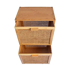 2-Shelf Storage Drawers, a Combination of Rattan-Weaved Basket and Natural Bamboo, Light Weight Night Stand