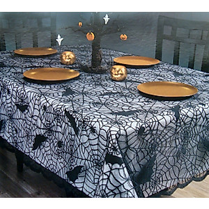 Rectangular Halloween Tablecloth, Halloween Bat Spider Web Tablecloth Decor, Black Lace Tablecloth Bat Cobweb Table Cover for Halloween Party Décor Dinner Spooky Meals Decoration, 60" x 104"