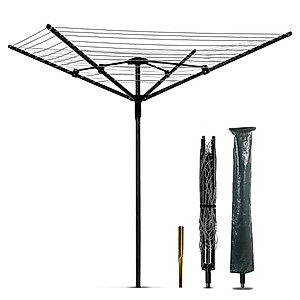 Nisorpa Rotary Outdoor Umbrella Drying Rack Adjustable Height Clothesline w/Waterproof Protective Cover Folding Rotary Dryer with 4-Aluminum Arms and Steel Post | 12-Lines with 165 ft. Clothesline