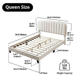 Cozy Castle Queen Size Bed Frame Upholstered Velvet Platform Bed with Adjustable Headboard, Wood Slat Support, No Box Spring Needed, Easy Assembly, White