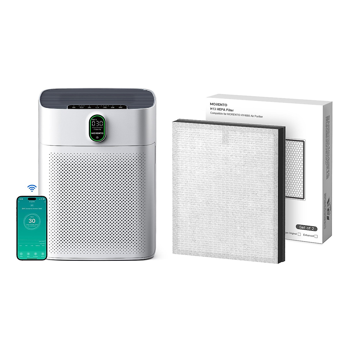 MORENTO Smart Air Purifier HY4866-WF Bundle with HY4866 Enhanced Version Air Purifier Replacement Filter 2 Pack