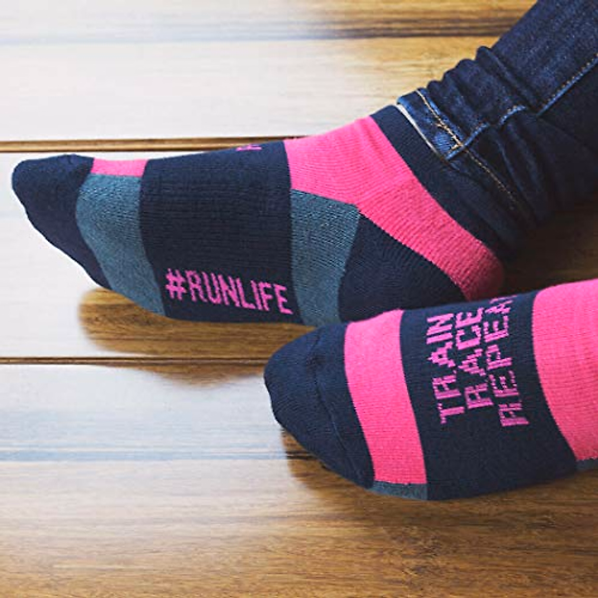 Gone For a Run Inspirational Athletic Running Socks | Women's Woven Low Cut | Inspirational Slogans | Over 25 Styles (Train Race Repeat (Pink/Navy))