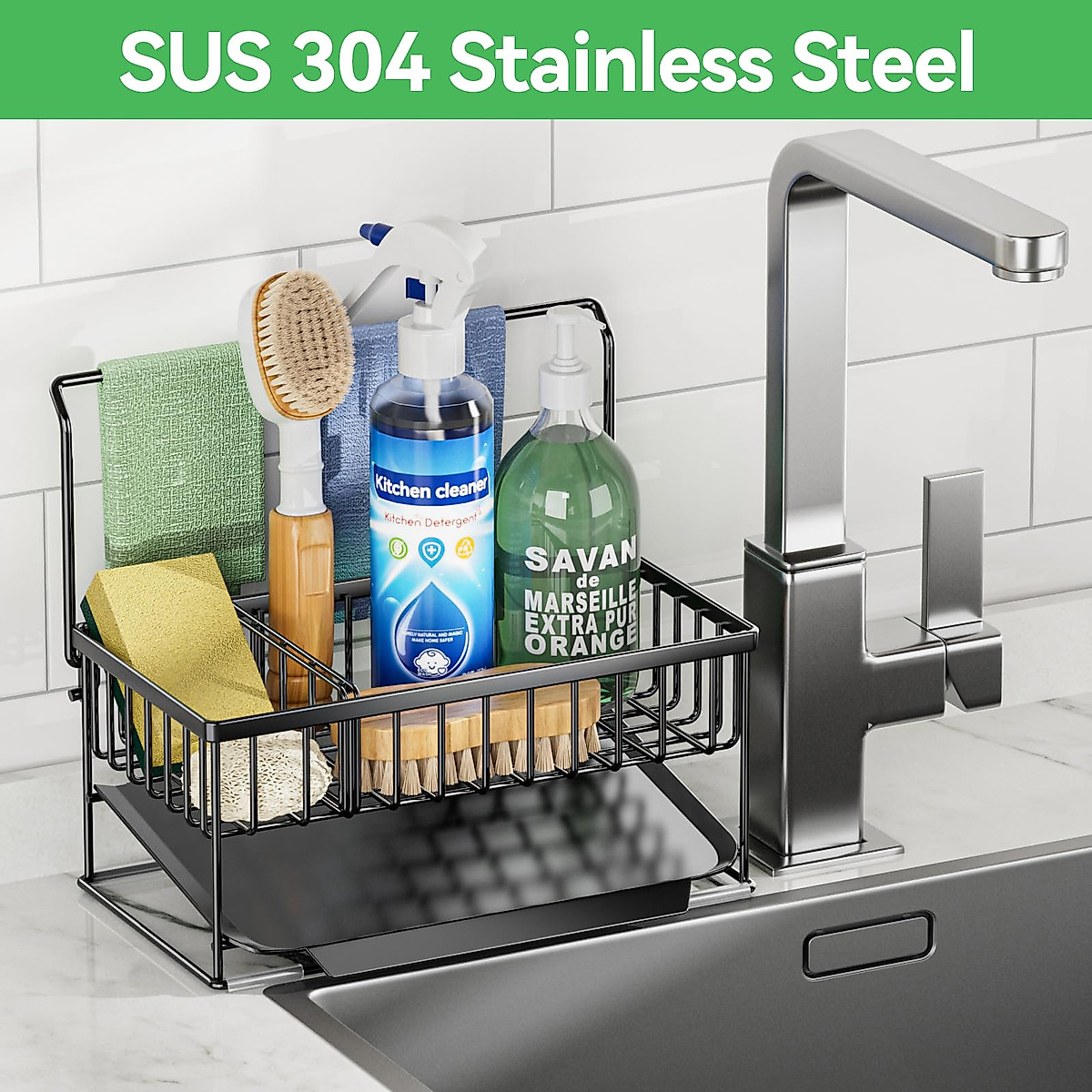 JANE EYRE Kitchen Sink Caddy - Sponge Brush Holder with Removable Slope Drip Tray SUS304 Stainless Steel Rustproof Sink Rack,(H) 9 in x (D) 5.5 in x (L) 9.84 in (Black)