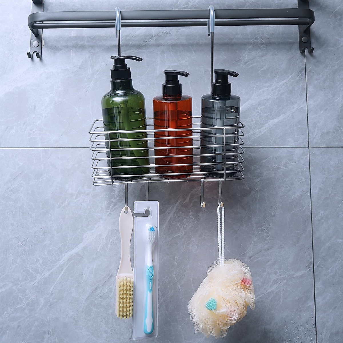 Antrader Hanging Shower Rack,Shower Caddy Hanging,Hung on the Faucet or the Door,the Back Hook Can be Rotated,No Drilling,304 Stainless Steel,Single Layer Shelf