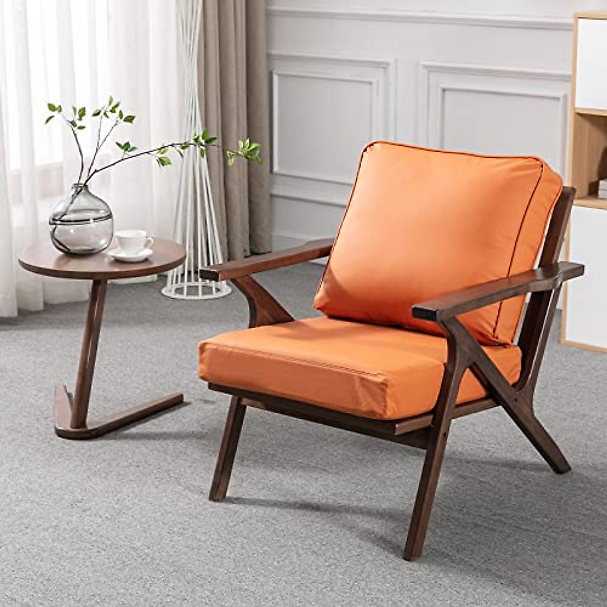 ONG Mid Century Accent Chair Brown Leather - Modern Armchair Upholstered Cushioned with Wooden Armrest Wood Legs Lounge Single Sofa Chair for Living Room Bedroom Home Furniture 330lbs (Brown Leather)