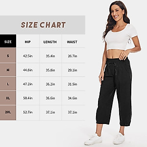 TBA Women's Casual Pants Summer Wide Leg Capris Drawstring Elastic High Waist Cotton Cropped Trousers with Pockets Black