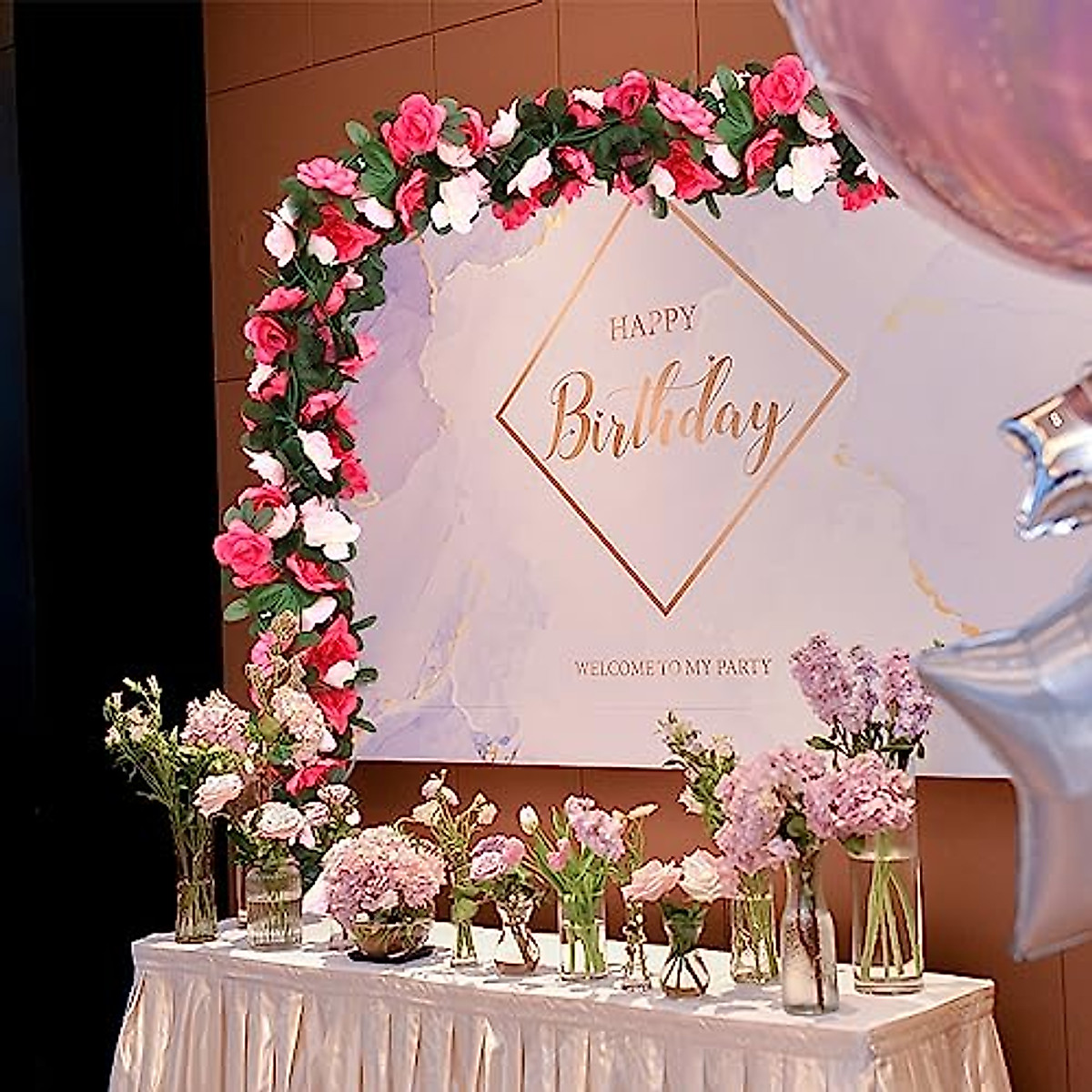 6pcs 49.2 FT Artificial Rose Vines Hanging Rose Flower Garlands,Faux Silk Floral and Leaves,Fake Ivy Garland for Room Wall Backdrop Wedding Arch Garden Party Background Decor (Pink)