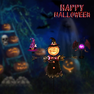 Solar Halloween Decorations Outdoor，Metal Scarecrow Shape Halloween Jack O' Lantern, Solar Pathway Stake Halloween Lights Decor for Garden, Patio, Yard and Farmhouse.