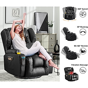 ETAGERIA Power Swivel Rocker Recliner Chair with Massage and Heat 360 Degree Glider Rocking Chairs Ergonomic Lounge Rocker w/Cup Holder/Remote/LED Light for Nursery,Living Room,Home Theater (Black)