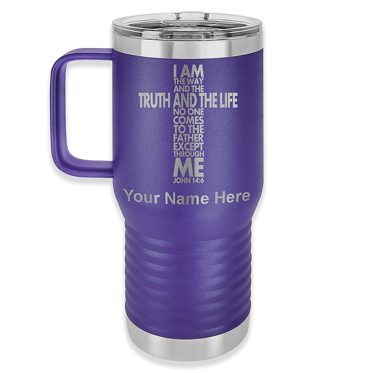 LaserGram 20oz Vacuum Insulated Travel Mug with Handle, Bible Verse John 14-6, Personalized Engraving Included (Dark Purple)