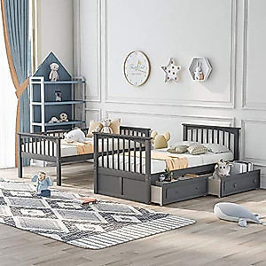 RUNWON Twin Over Twin Wood Bunk Bed with Storage Drawers and Full Length Safety Guard Rails for Kids Adults, Can Be Converted into 2 Beds