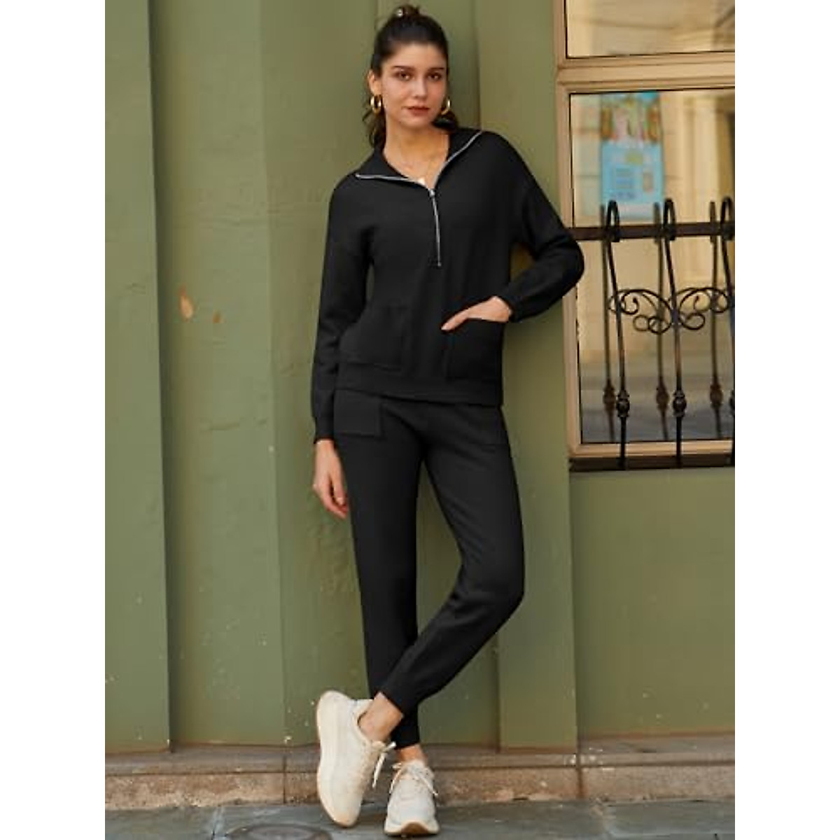 DEEP SELF Black Two Piece Sweater Set for Women Half Zip V Neck Pullover High Waist Sweatpants Knit Pajamas Set