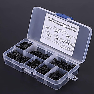 Button Head Screws, 500PCS M3 Cross Drive Button Head Self-Tapping Screws Fastener Assortment Set with Plastic Box Head Bolts Stainless Button Head Screws (Black Carbon Steel)