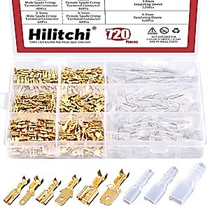 Hilitchi 720Pcs Gold Quick Splice Male and Female Wire Spade Connector Wire Crimp Terminal Block with Insulating Sleeve for Electrical Wiring Car Audio Speaker, 2.8mm 4.8mm 6.3mm Assortment Kit
