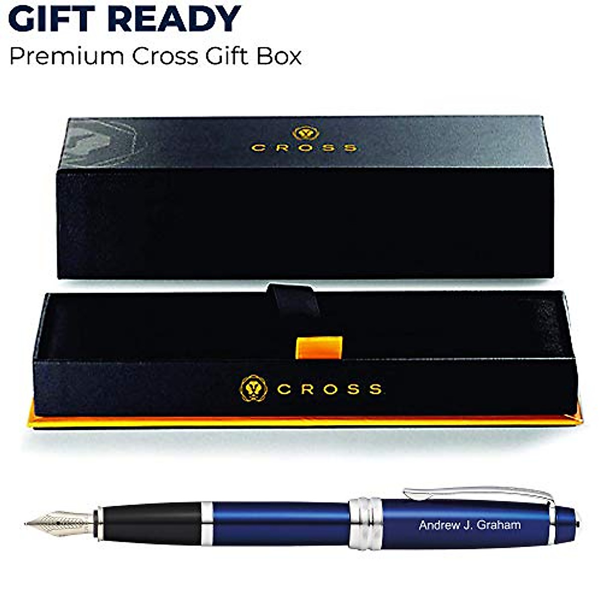 Cross Pen | Engraved/Personalized Cross Bailey Blue Lacquer Fountain Gift Pen - Chrome Trim AT0456-12MS. Custom Engraving Included.