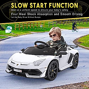 Hetoy Ride on Car for Kids 12V Licensed Lamborghini Electric Vehicles Battery Powered Sports Car with Control, 2 Speeds, Sound System, LED Headlights and Hydraulic Doors