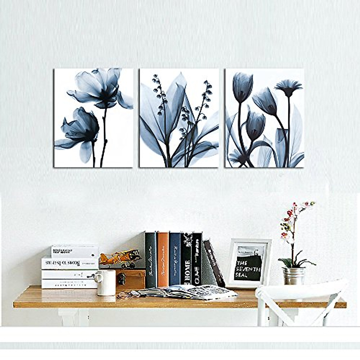 sechars - Modern Canvas Art Wall Decor,Blue Flower Picture Printed on Canvas Painting,Abstract Floral Artwork Bedroom Decoration,Stretched and Framed Ready to Hang