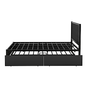 Bellemave Queen Size Bed Frame with Twin Size Trundle and 2 Storage Drawers, Metal Platform Bed Frame with Headboard, Queen Storage Bed with Trundle for Bedroom, No Box Spring Needed (Queen)