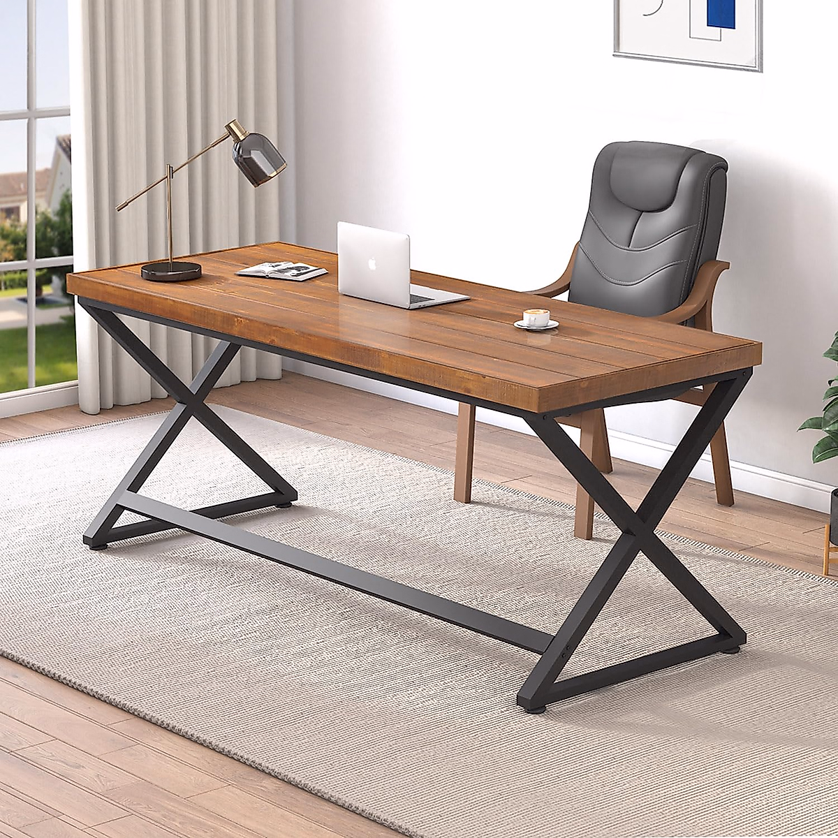 IBF Solid Wood Desk, 60” Rustic Real Wood Home Office Work Desk, Industrial Natural Wood Writing Study Desk, Metal Wooden Desk Executive Workstation Computer Table in Bedroom Living Room, Brown, 60 in