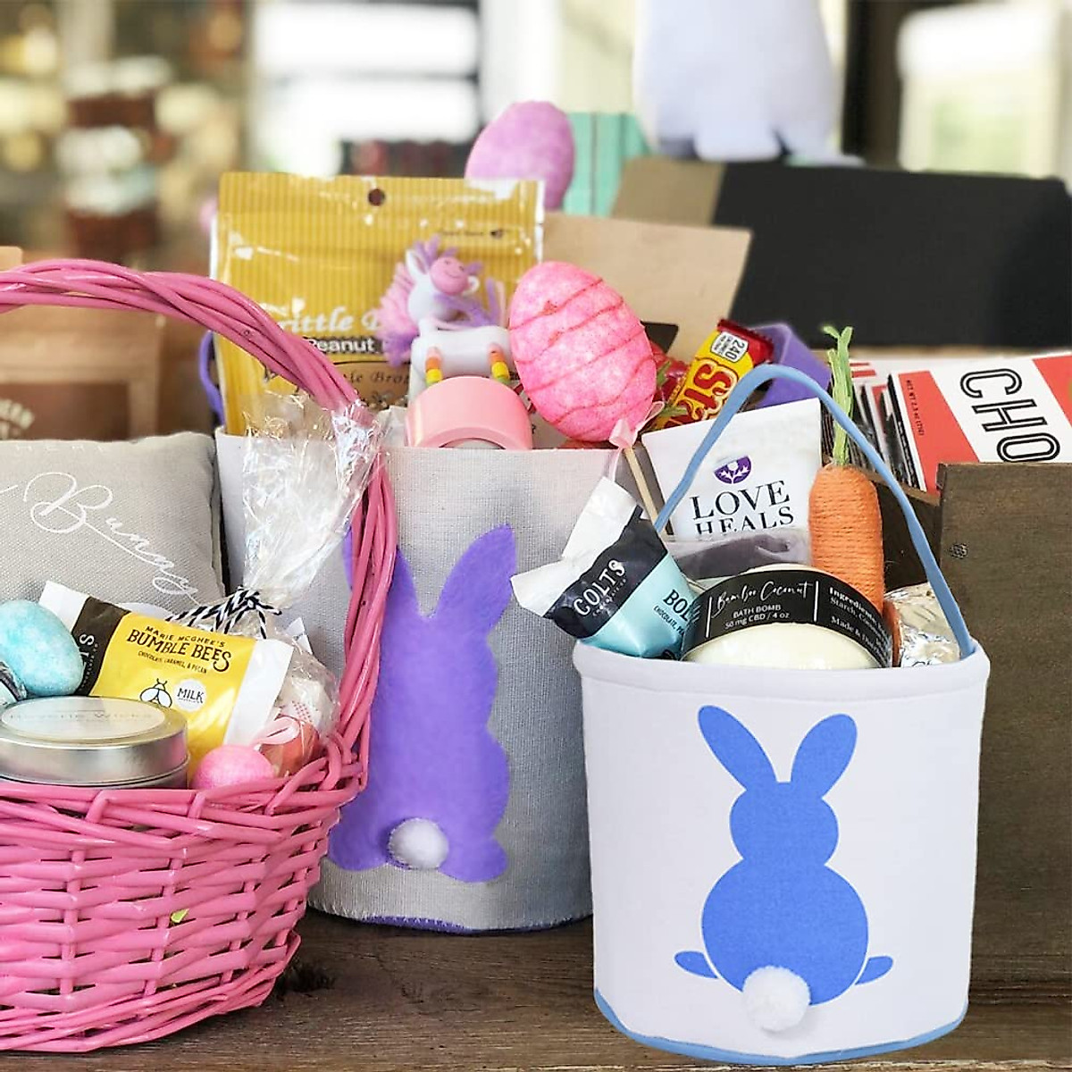 3 Pcs Easter Bunny Basket Bags for Kids - Canvas Cotton Carrying Gift and Eggs Hunt Bag, Fluffy Tails Printed Rabbit Toys Bucket Tote for Girls & Boys (Pink, Purple, Blue)