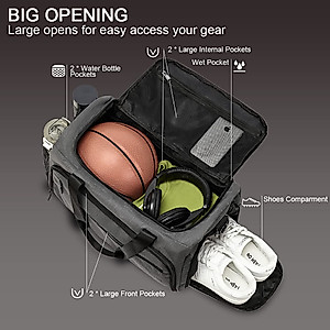 Gym Bag for Men Women, Small Fitness Workout Sports Duffle Bag with Wet Pocket & Shoes Compartment, Water Resistant Overnight Weekender Duffel Bag in Grey