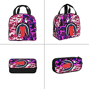 YBYGBB Backpack Shark Teeth Camo Backpacks Set with Lunch Box Pencil Case Travel Laptop Daypack Big Capacity Bookbag Fashion Durable Back Pack PINK
