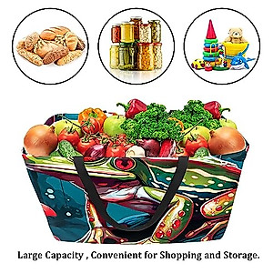 Reusable Grocery Bags Boxes Storage Basket, Red Eye Frog Pattern Collapsible Utility Tote Bags with Long Handle
