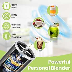 iCucina Blenders for Smoothies and Shakes, 1000W Personal Blender 32 oz * 2 To-Go Portable Cups with Lids for Frozen Fruits, Protein Drinks, Ices, 13 Pcs Blender Set for Kitchen