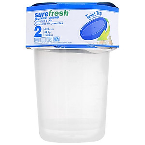 Sure Fresh 34-oz. Reusable Tall Plastic Containers with Lids, 2-ct. Packs, clear, SFRT34-2PK-BLUE