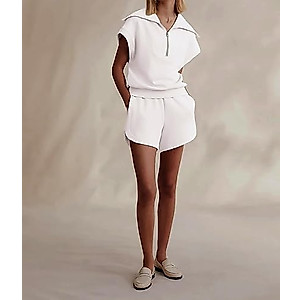MISSACTIVER Women Two Piece Outfit Quarter 1/4 Zip Cap Sleeve Sweatshirts and High Waisted Shorts Set Loose 2 Piece Tracksuit (Small, White)