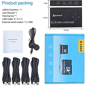 KCEVE USB 3.0 Switch, USB Switcher Selector 4 Computer Sharing 4 USB Devices Printer, Scanner, Mouse, Keyboard, Compatible with Mac/Windows/Linux, with 4 Pack USB 3.0 Cables