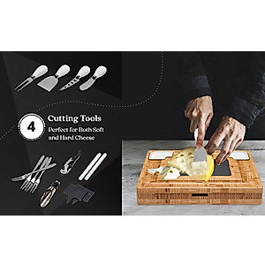 Bamboo Charcuterie Board Set of 26 Pcs - 16×13×2 Inches 4 Drawer Bamboo Board Set with Fruit Tray, Ceramic Dipping Bowls, Cutting Tools, Wine Opener, Cheese Platter Accessories (End-Grain)