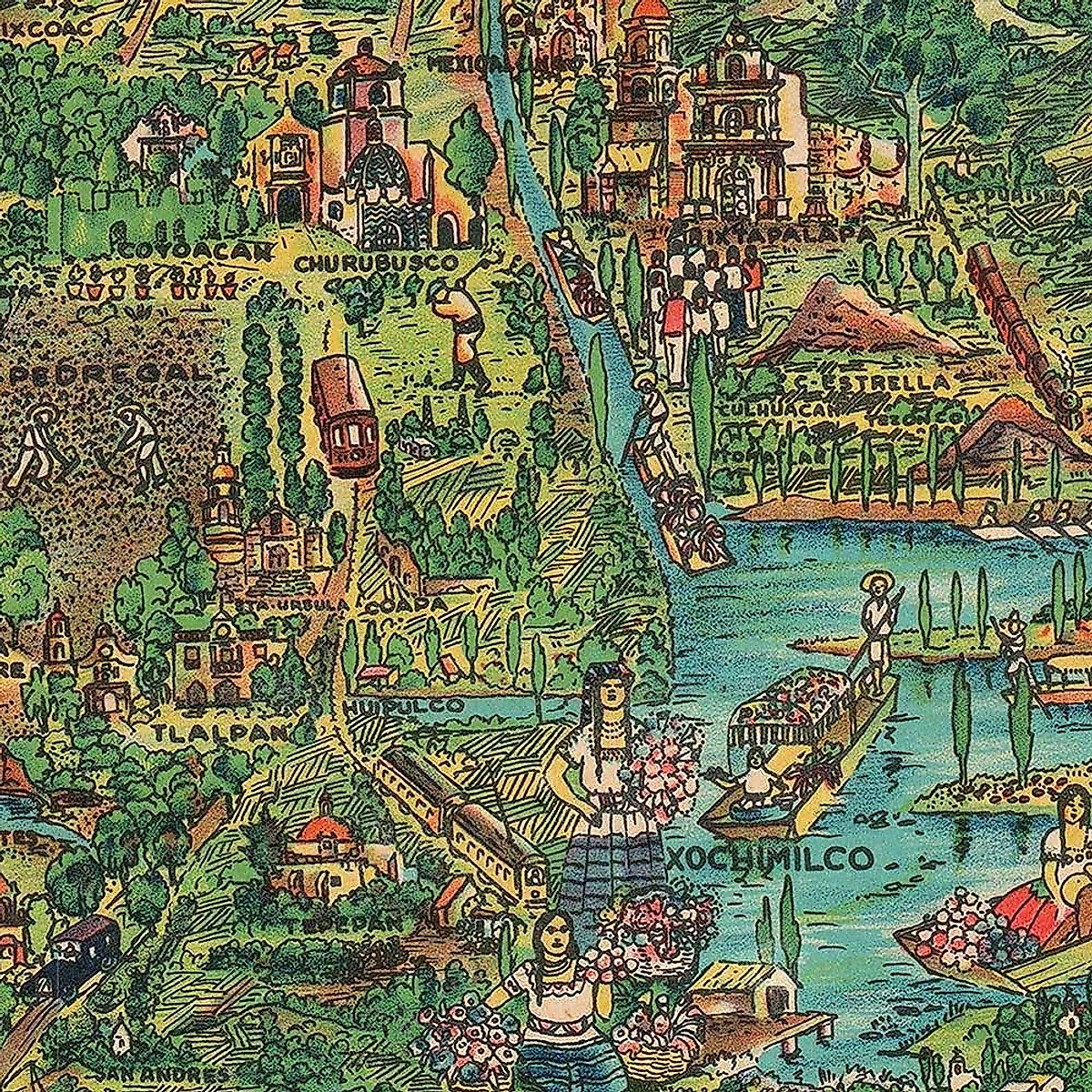 Antiguos Maps Valley of Mexico, Mexico City Pictoral Map c. 1930 - Mapa Pintoresco del Distrito Federal Yalre Dedores - measures 24 inches x 36 inches (610 mm x 915 mm)