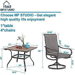 MFSTUDIO 5 Piece Patio Dining Set, 37" Square Outdoor Wood-Like Table and 4 Sling Swivel Chairs for Garden,Backyard,Poolside