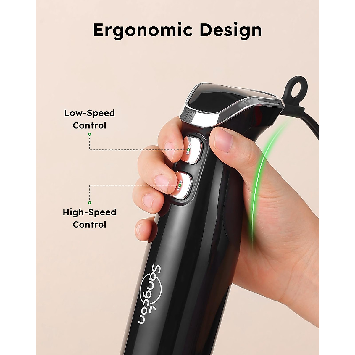 Sangcon Immersion Blender Handheld, 3-in-1 Hand Blender Electric, 400W Handheld Blender, Stainless Steel Blade Stick Blender with Whisk, Milk Frother Attachments - Black