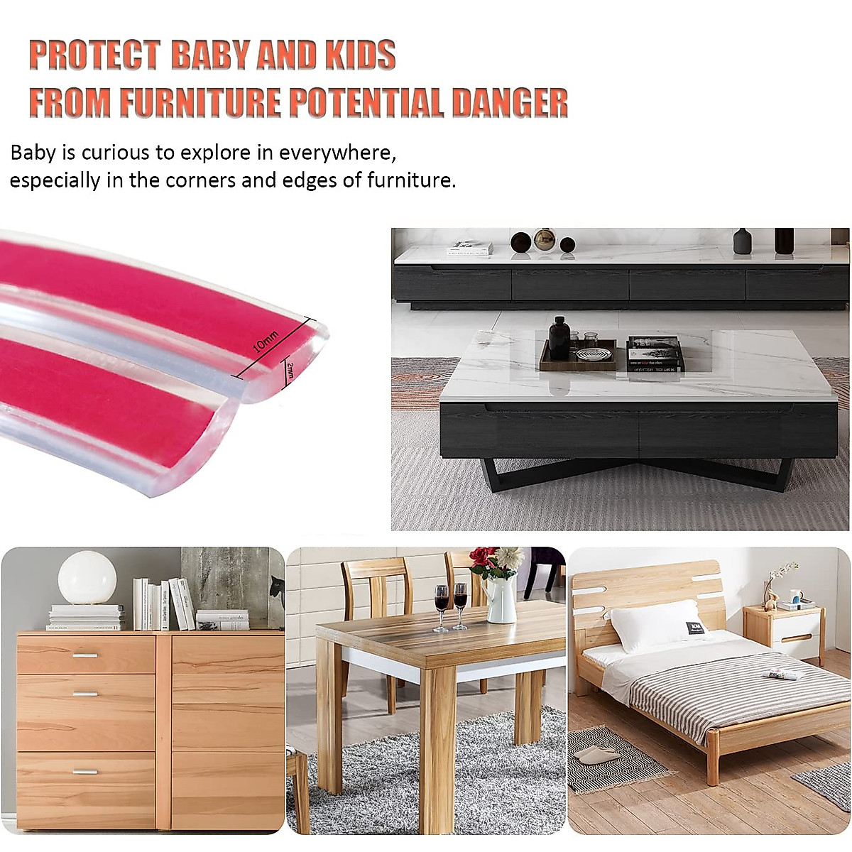 Baby Proofing 20ft Silicone Strip Clear Soft Corner Protectors with Pre-Taped Strong Adhesive, Edge Protectors for Sharp Corners of Tables Cabinets Furniture