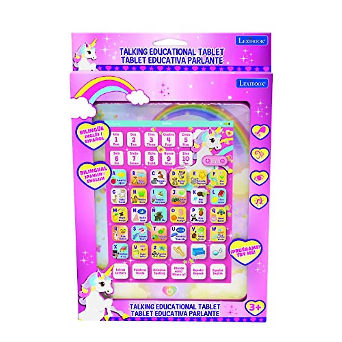 Lexibook Unicorn Educational Bilingual Interactive Learning Tablet, Toy to Learn Alphabet Letters Numbers Words Spelling and Music, English / Spanish Languages, Pink, JCPAD002UNIi2