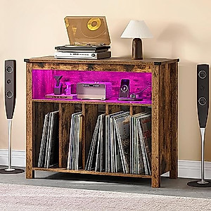 YITAHOME Large Record Player Stand with Power Outlets & LED Lights, Vinyl Record Storage Table with Display Shelf Holds Up to 200 Albums, Turntable Stand for Living Room, Bedroom, Brown