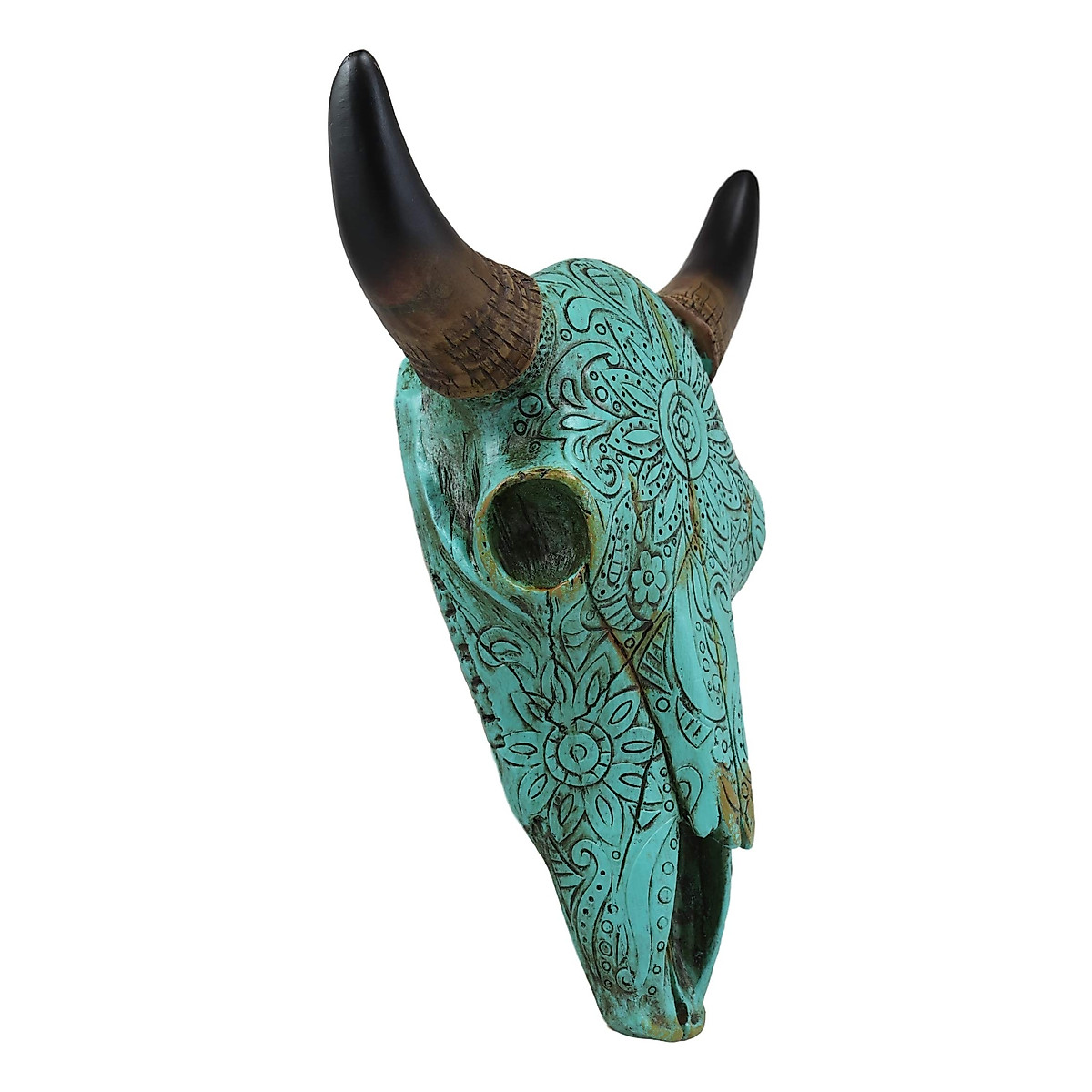 Ebros 10" Wide Western Southwest Steer Bison Buffalo Bull Cow Horned Skull Head Turquoise Floral Lace Design Wall Mount Decor Native Indian Sacred Animal Totem Bust Skulls