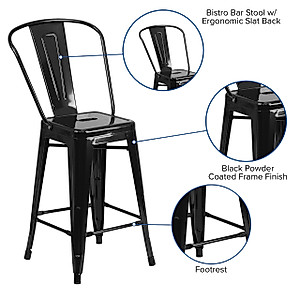 EMMA + OLIVER Commercial Grade 24" H Black Metal Indoor-Outdoor Counter Height Stool w/Back