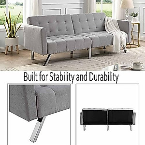 RIDFY 75” Modern Futon Sofa Bed, Convertible Sleeper Couch with Metal Legs/Armrests/Pillows, Folding Upholstered Loveseat, Lounge Sofa, Memory Foam Living Seat for Small Space/Office (Light Grey)