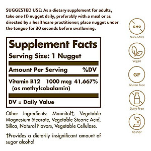 Solgar Methylcobalamin 1000 mcg, 60 Nuggets - Supports Energy Metabolism - Body-Ready, Active Form of Vitamin B12 - Vitamin B - Non GMO, Vegan, Gluten & Dairy Free, Kosher - 60 Servings