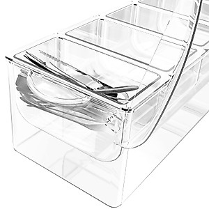 FODIENS 5 Compartment Condiment Server, Ice Chilled Condiment Containers with Lid, Clear Condiment Caddy Serving Tray on Ice with 5 Serving Spoons 5 Fruit Forks 2 Serving Tongs
