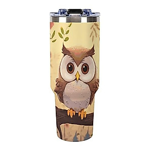 LPSADGF Cute Owl Insulated Stainless Steel Travel Mug, 40 Oz Tumbler with Handle And Straw Double-Wall Vacuum Coffee Cup, Leak-Proof Lid, Keeps Drinks Hot/Cold for Hours