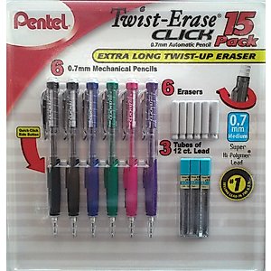 Pentel Twist Erase Click Contains (6) 0.7mm Automatic Pencils, (6) Extra Long Eraser Refills & (3) Tubes of 12 count lead, 1 lb